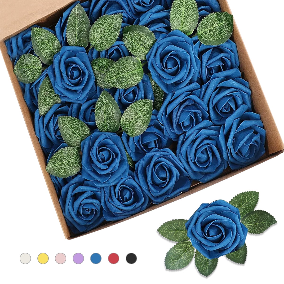 Qishi 7.9” Artificial PE Foam Navy Blue Roses Wedding Bouquet (25 Count ...