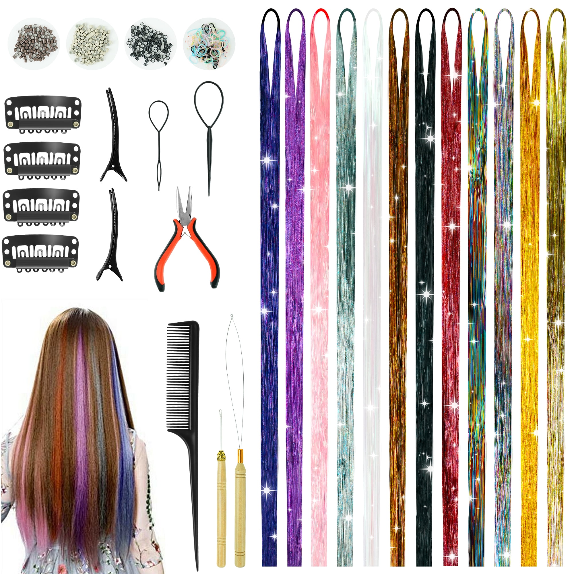 Qissep 12 Colors 48 inch Glitter Hair Tinsel Kit,Tinsel Hair Extensions ...