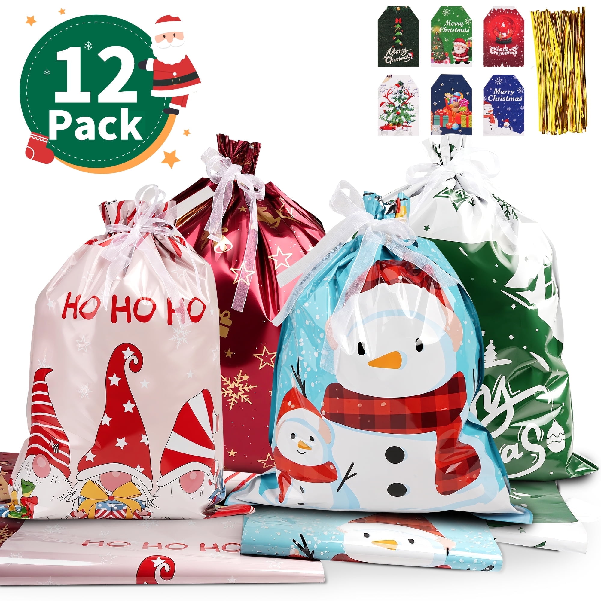 Qissep 12Pcs Christmas Drawstring Gift Bags,4 Different Styles and ...