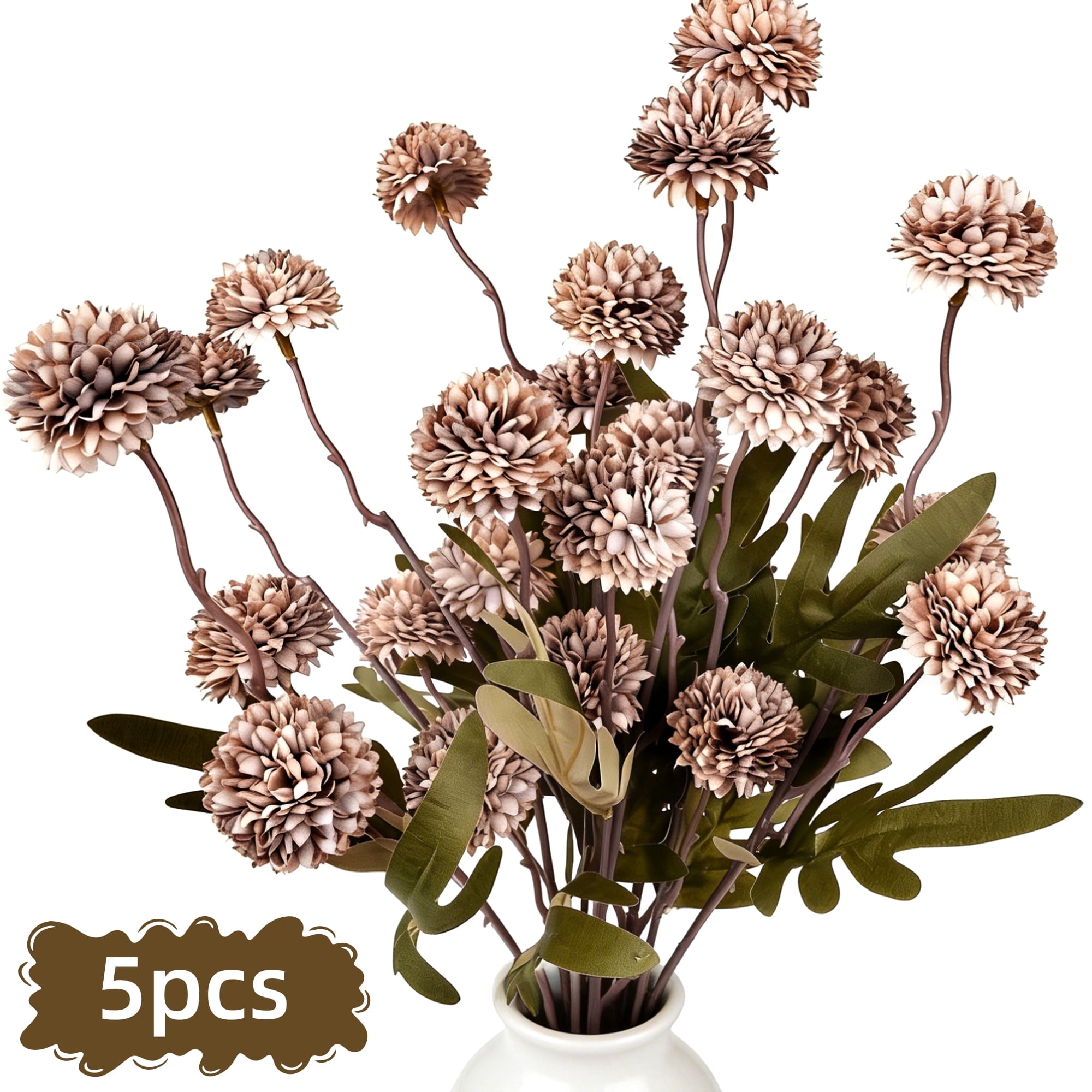 Qissep 5Pcs Faux Artificial Flowers, Faux Silk Pompon Mum,Fake Small ...