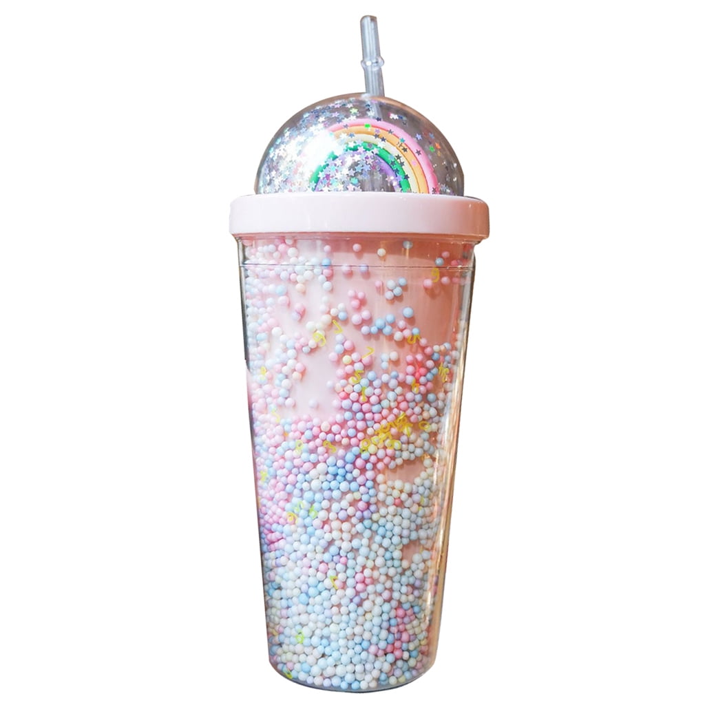 Qisuw 550ml Rainbow Plastic Water Bottle Double Layer Sequins Drinking ...