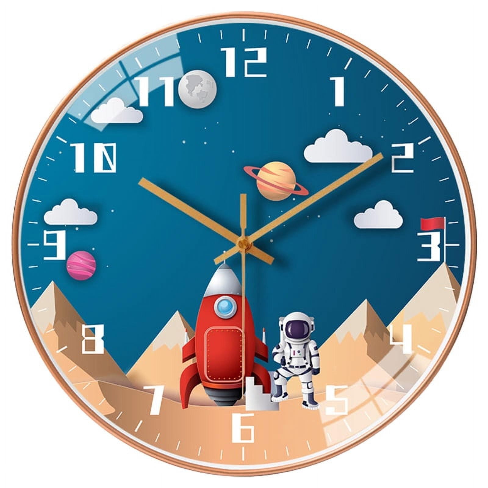 Qisuw Cartoon Universe Astronaut Wall Clock Mute for Time Clocks ...