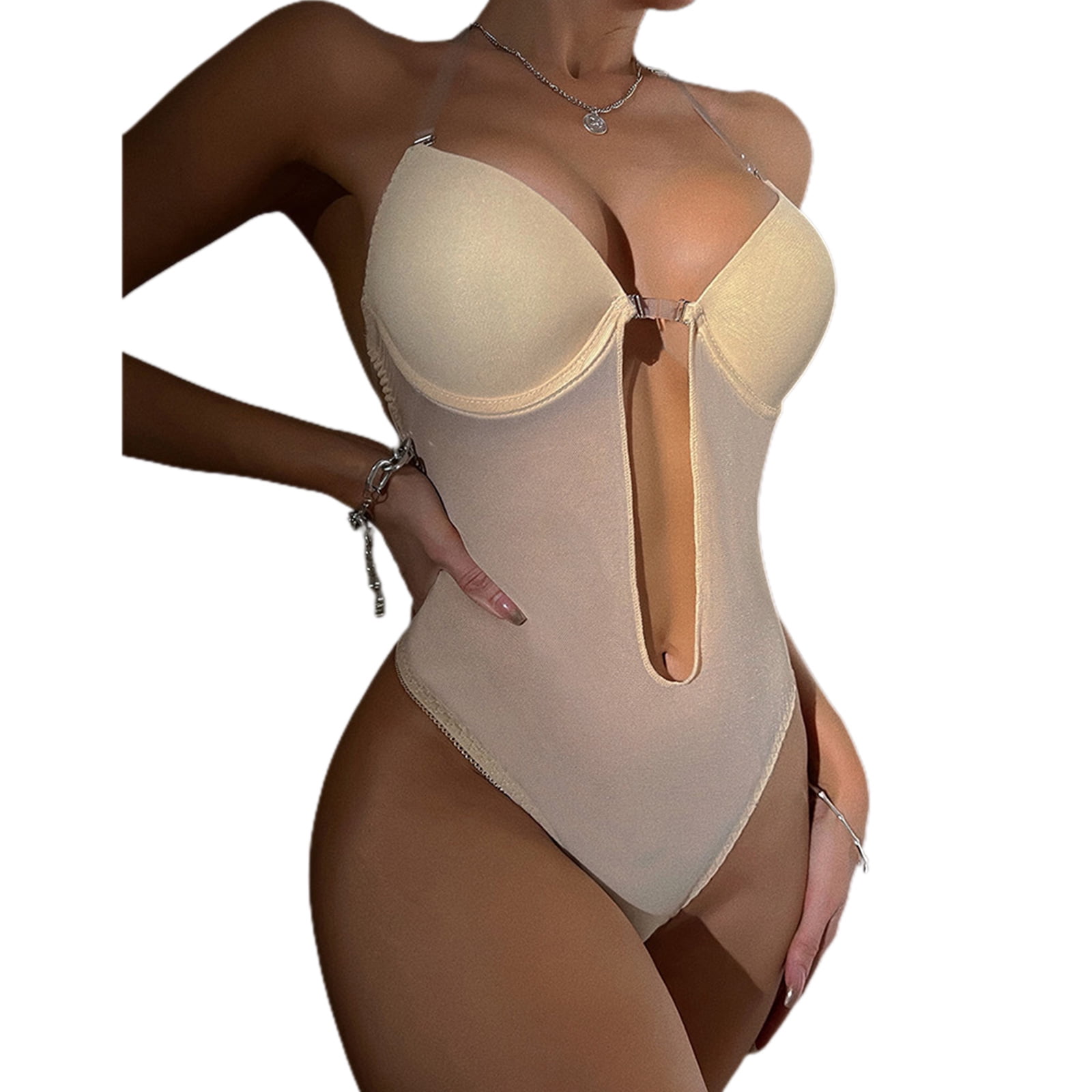 Qisuw Womens Backless Bodysuits U Plunge Seamless Thong Full Bodysuits
