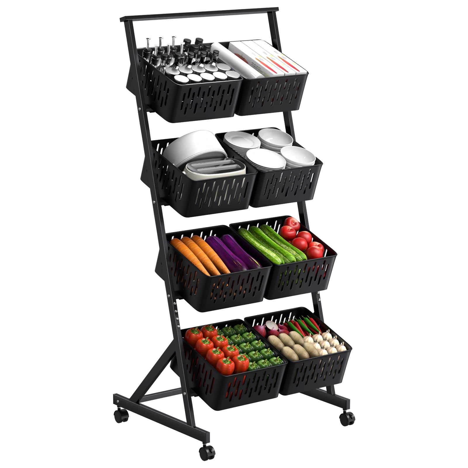 Qiuikloi Fruit Vegetable Basket Cart for Kitche 4 Tier Stackable Mesh ...