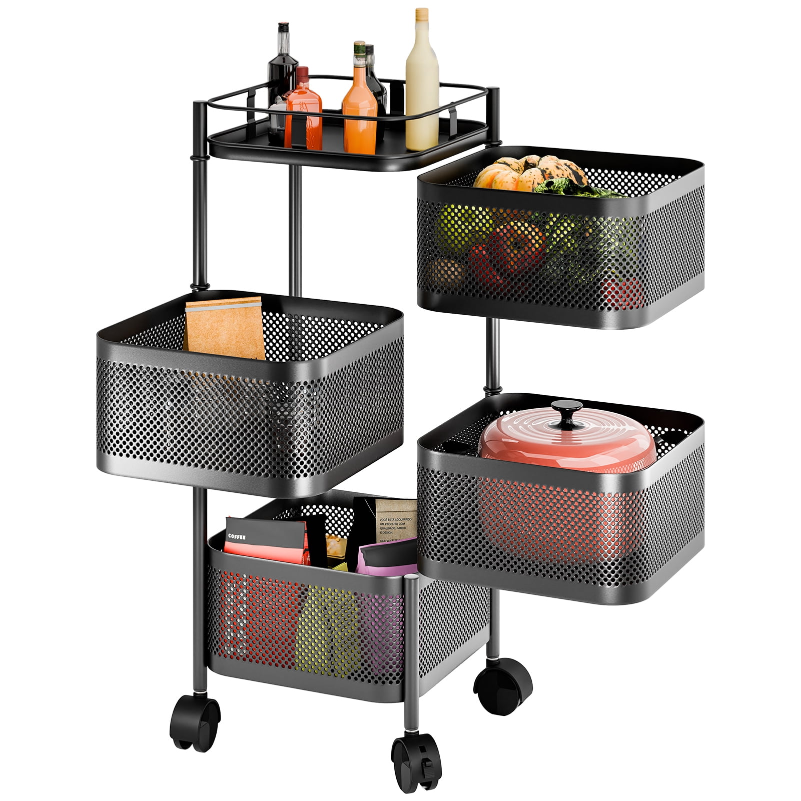 Qiuikloi Kitchen Storage Cart 4/5 Tier Fruit Vegetable Basket Rotating ...