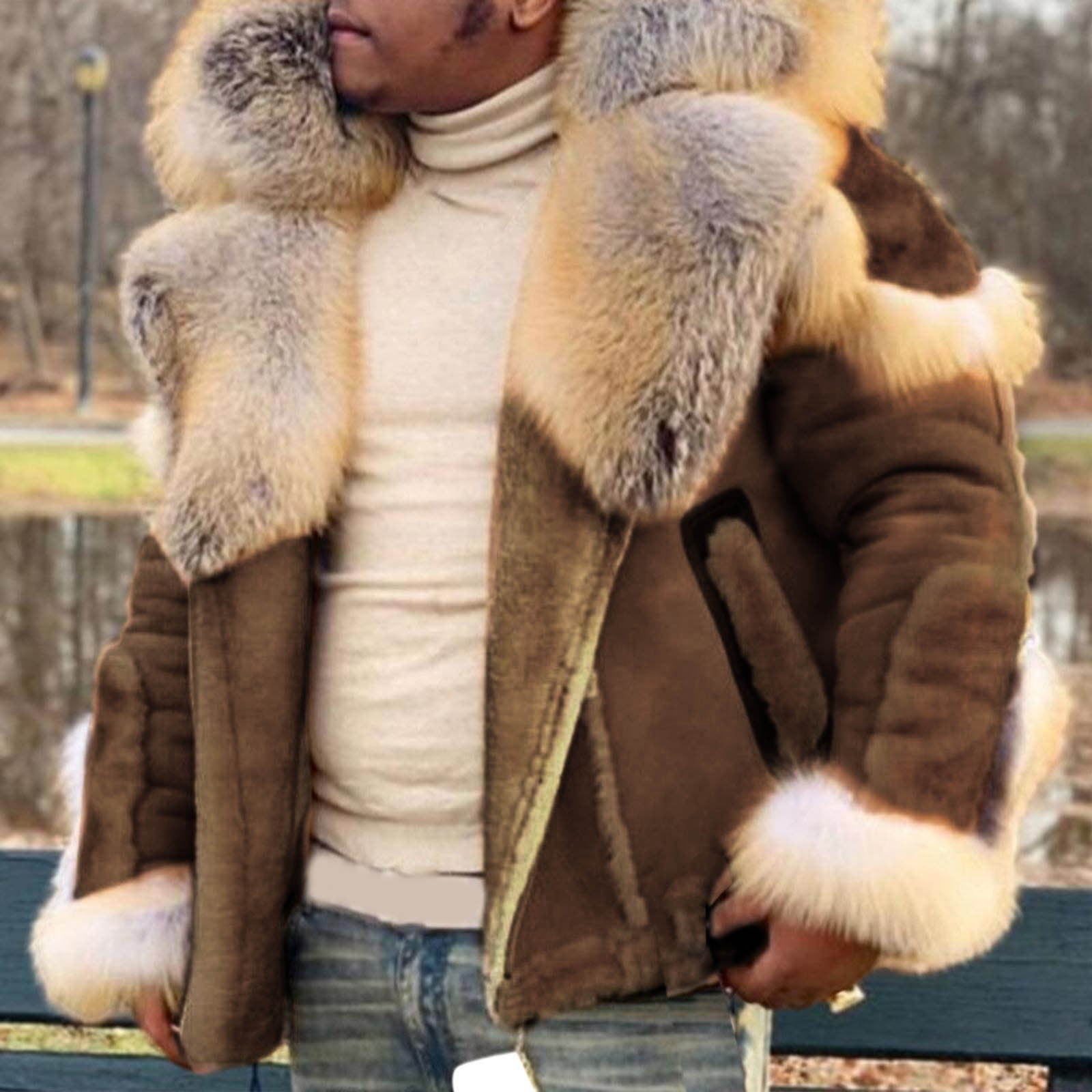 Qiuju Big and Tall Men Leather and Fur Jacket , Men's Faux Leather Plush Integrated Large Collar ...