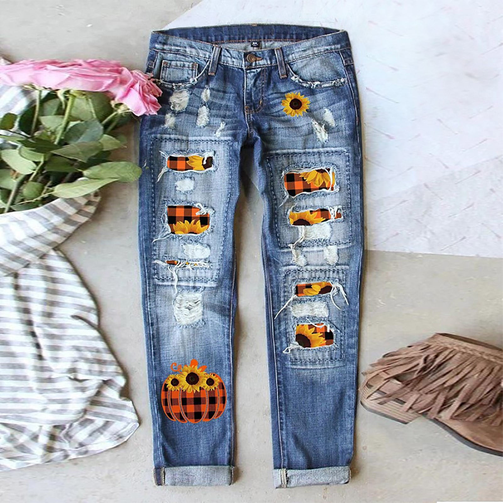 Qiuju Halloween Jodhpur jeans for Woman Lattice Print Full-Length Cotton Pants Orange XL ...