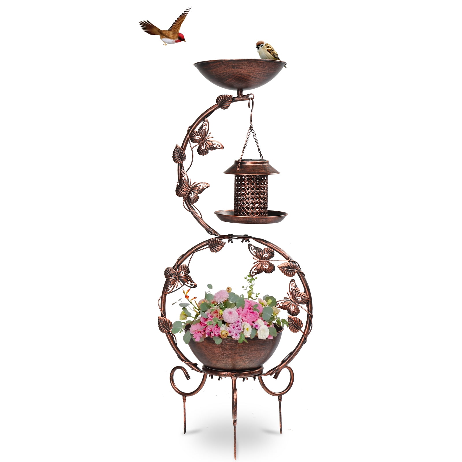 Qiushi 37.8in Bird Bath and Solar Bird Feeders Combo with Flower ...