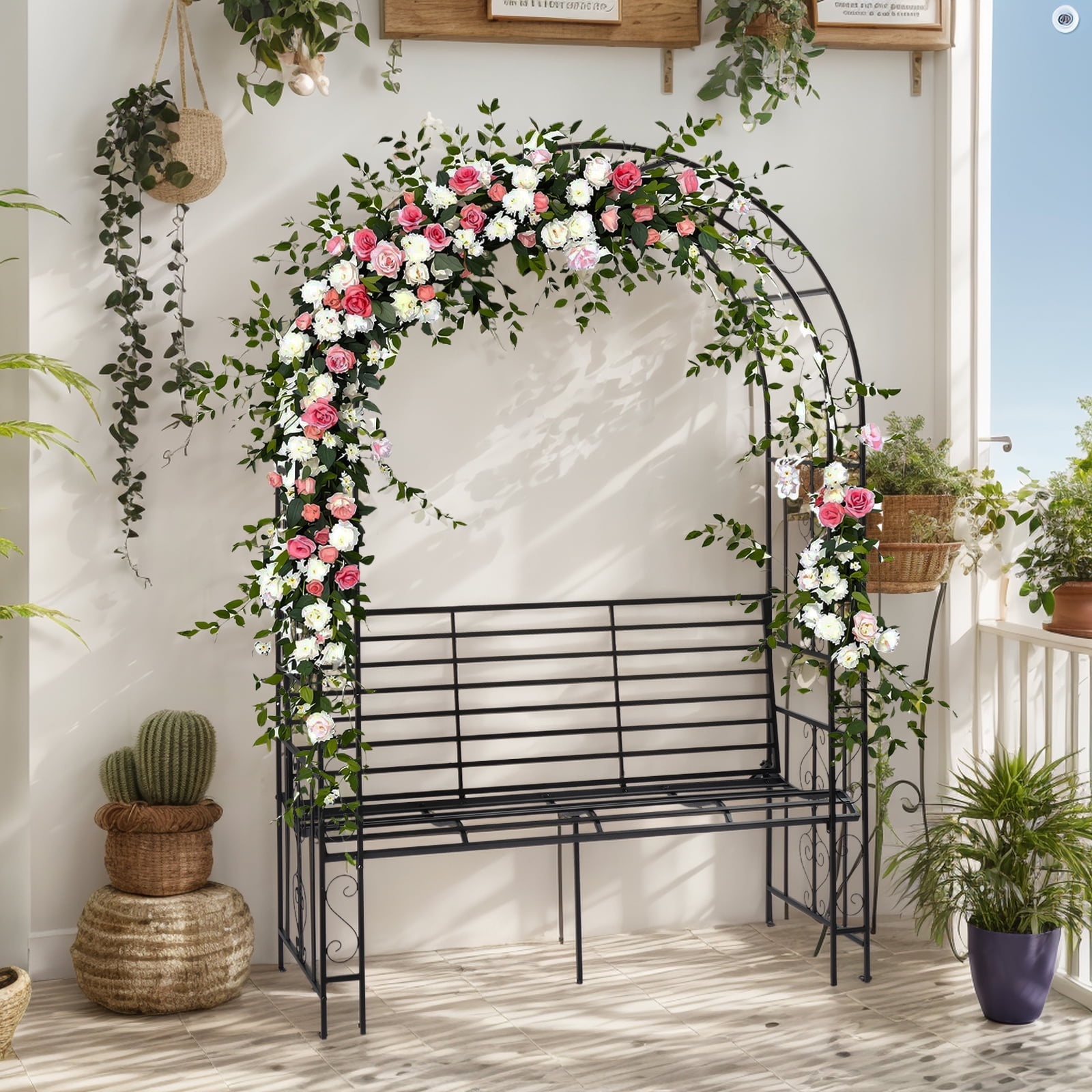 Qiushi 6.7FT Garden Arch Arbor with Seating, Heavy Duty Metal Arbour ...