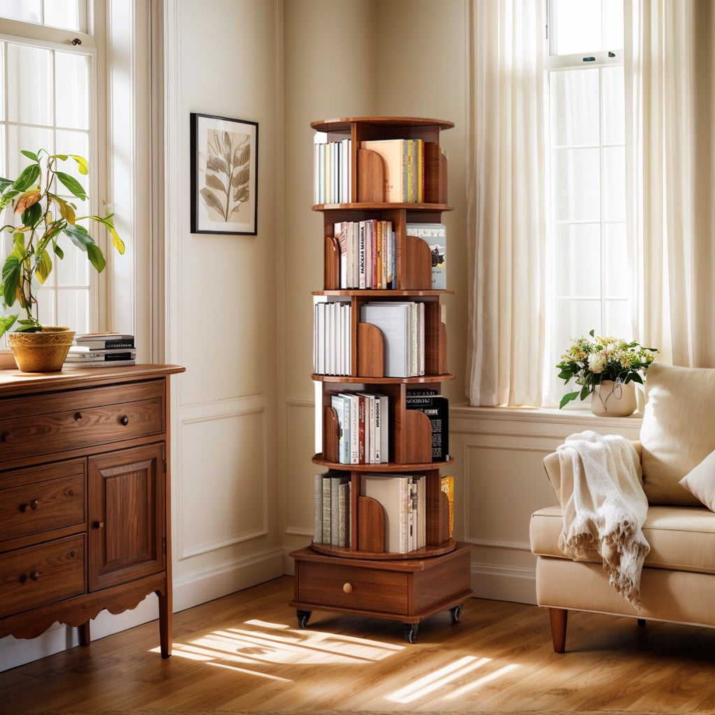 Qiushi 6-Tier Round Rotating Bookshelf with Storage Drawer, 360 ...