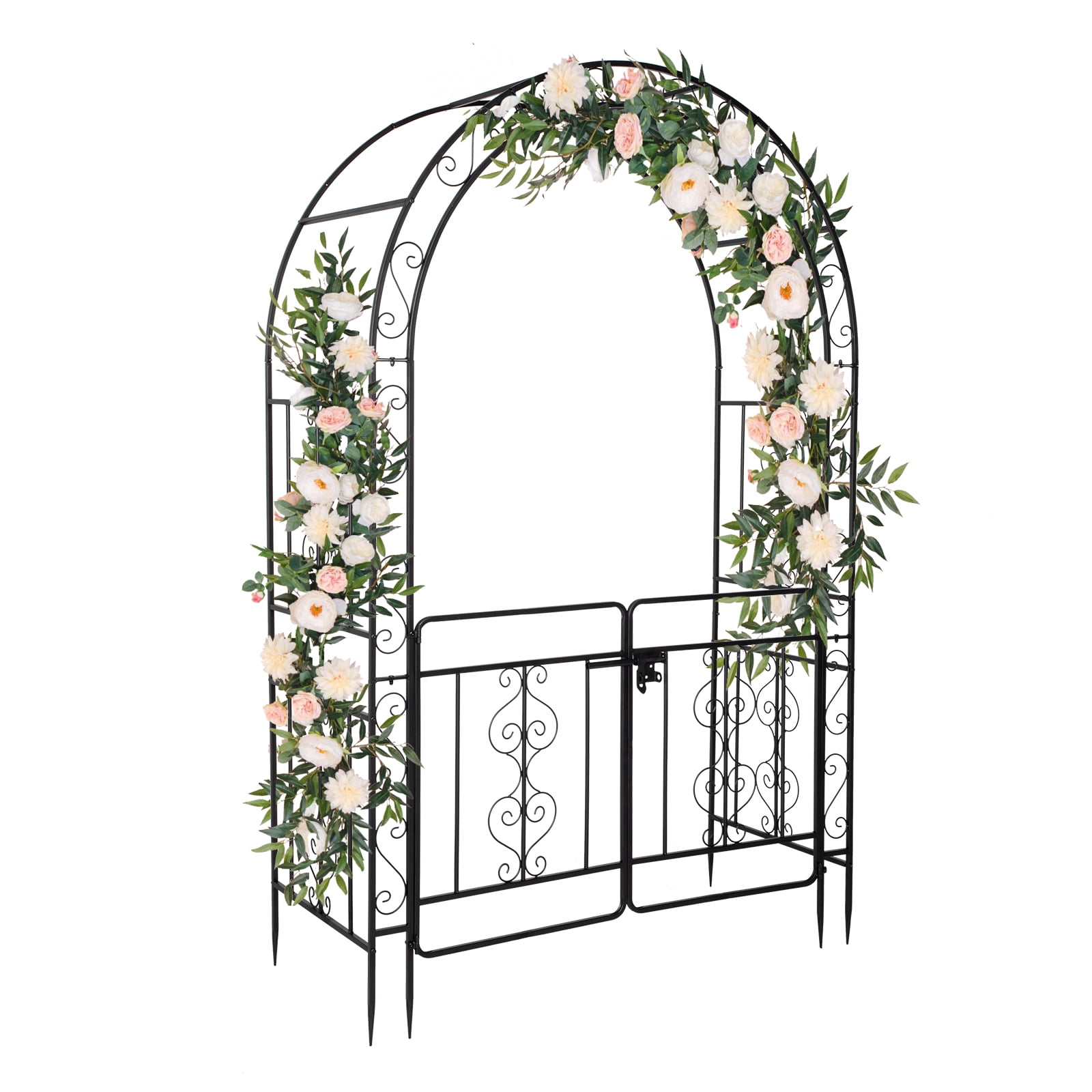 Qiushi 7FT Garden Arch Arbor with Entry Door, Heavy Duty Metal Arbour ...