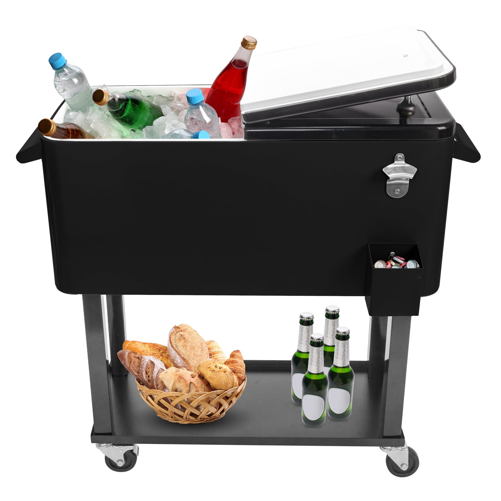 Qiushi 80 Quart Patio Cooler Cart with Storage Shelf & Bottle Opener ...