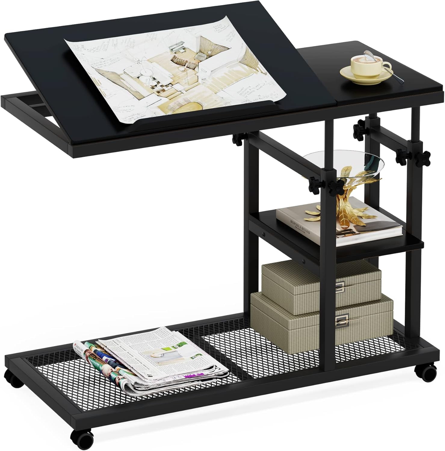 Qiushi Adjustable C-Shaped Rolling Snack Table with Wheels - Height ...