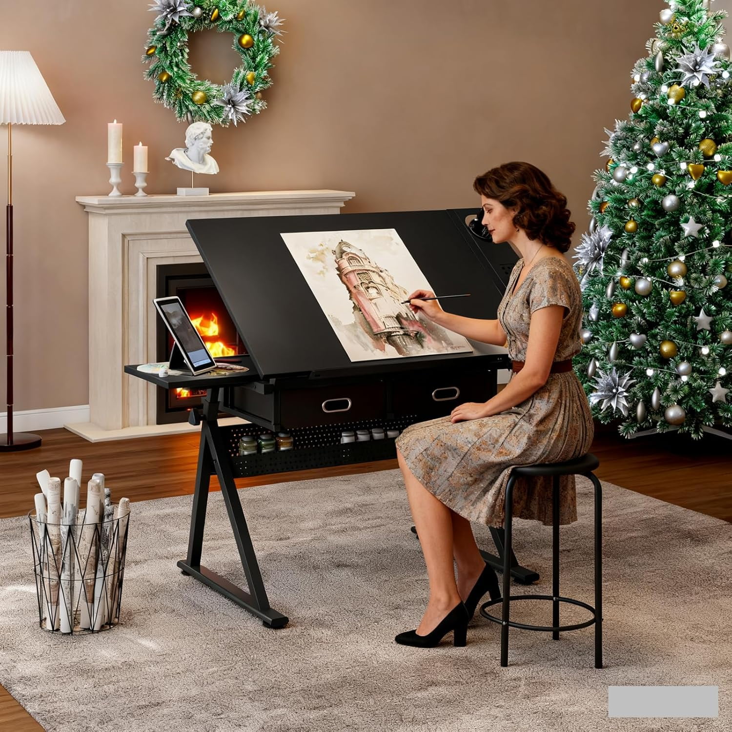 Qiushi Adjustable Drawing Table Desk with Stool, 2 Drawers & Tilting ...