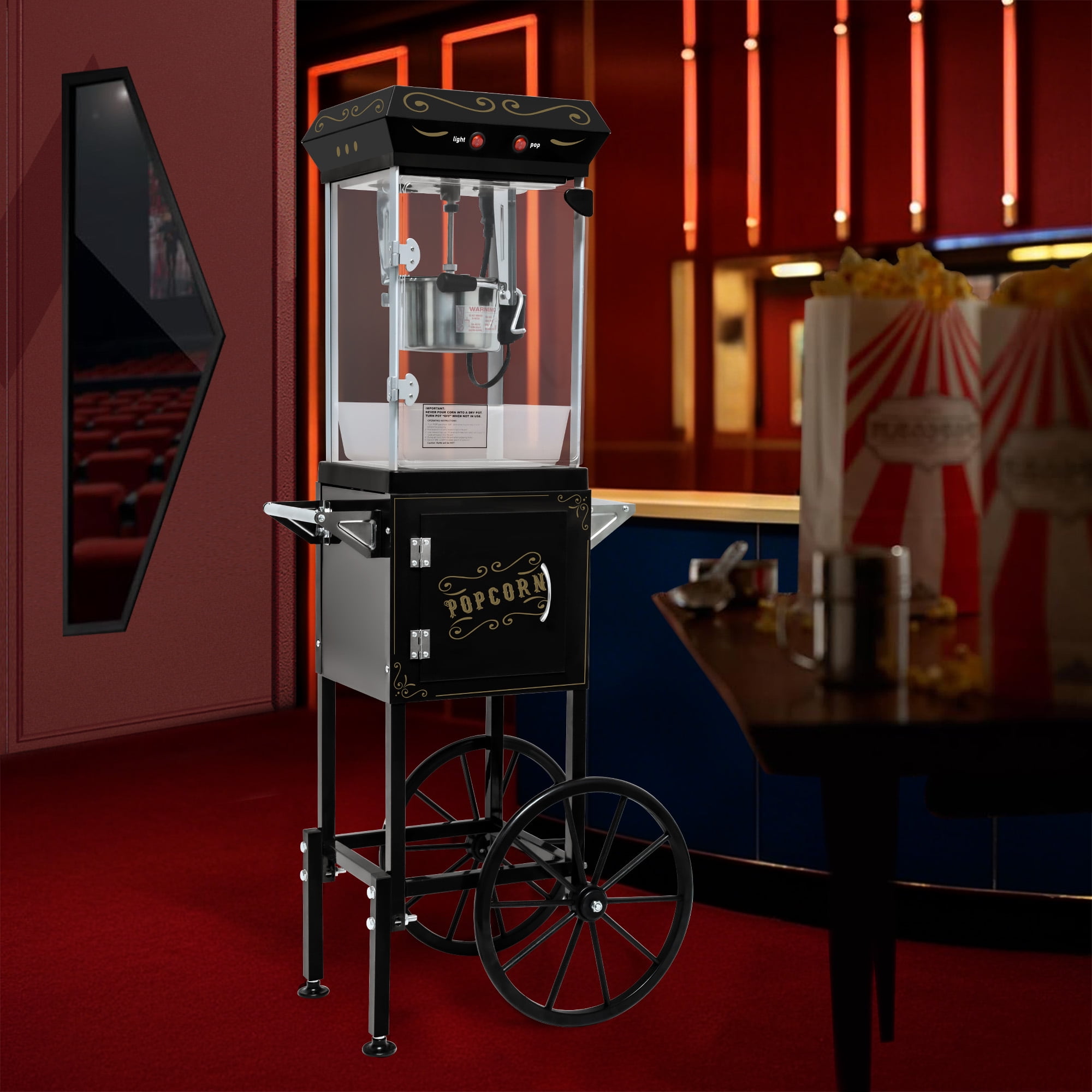 Qiushi Black Retro Commercial Popcorn Maker Machine with Cart - 480W ...