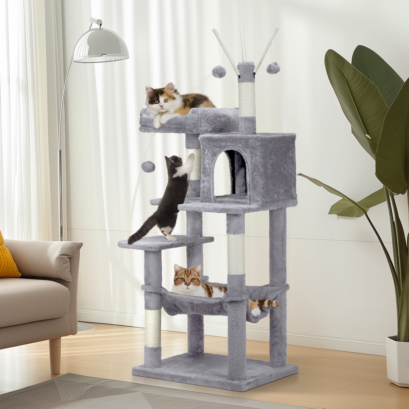 Qiushi Cat Tree for Large Cats 57" Tall Cat Tower Condo with Scratching Post for Indoor,Gray ...