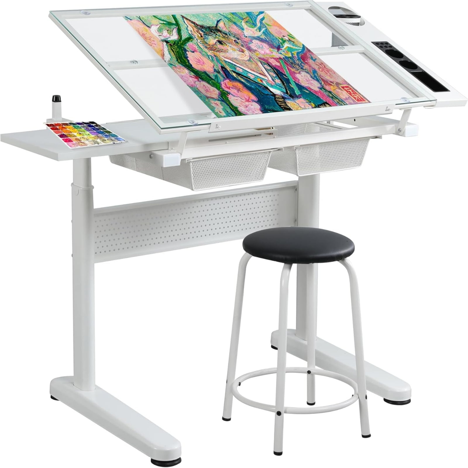 Qiushi Glass Drafting Table and Stool Set, Upgraded Hand Crank ...