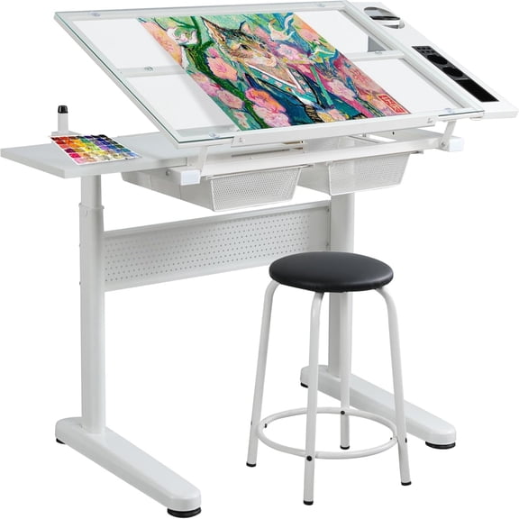 Artist Drafting Table with Glass Top, Craft Station for Drawing and ...