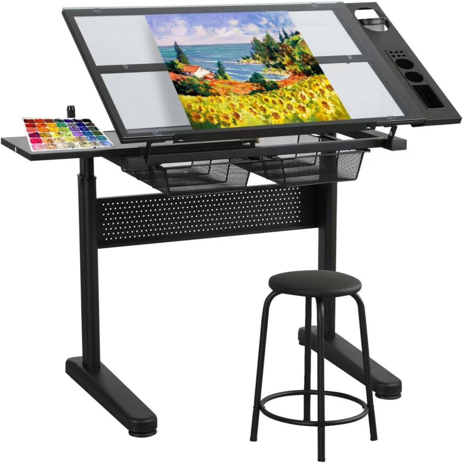 Qiushi Glass Drafting Table and Stool Set, Upgraded Hand Crank ...