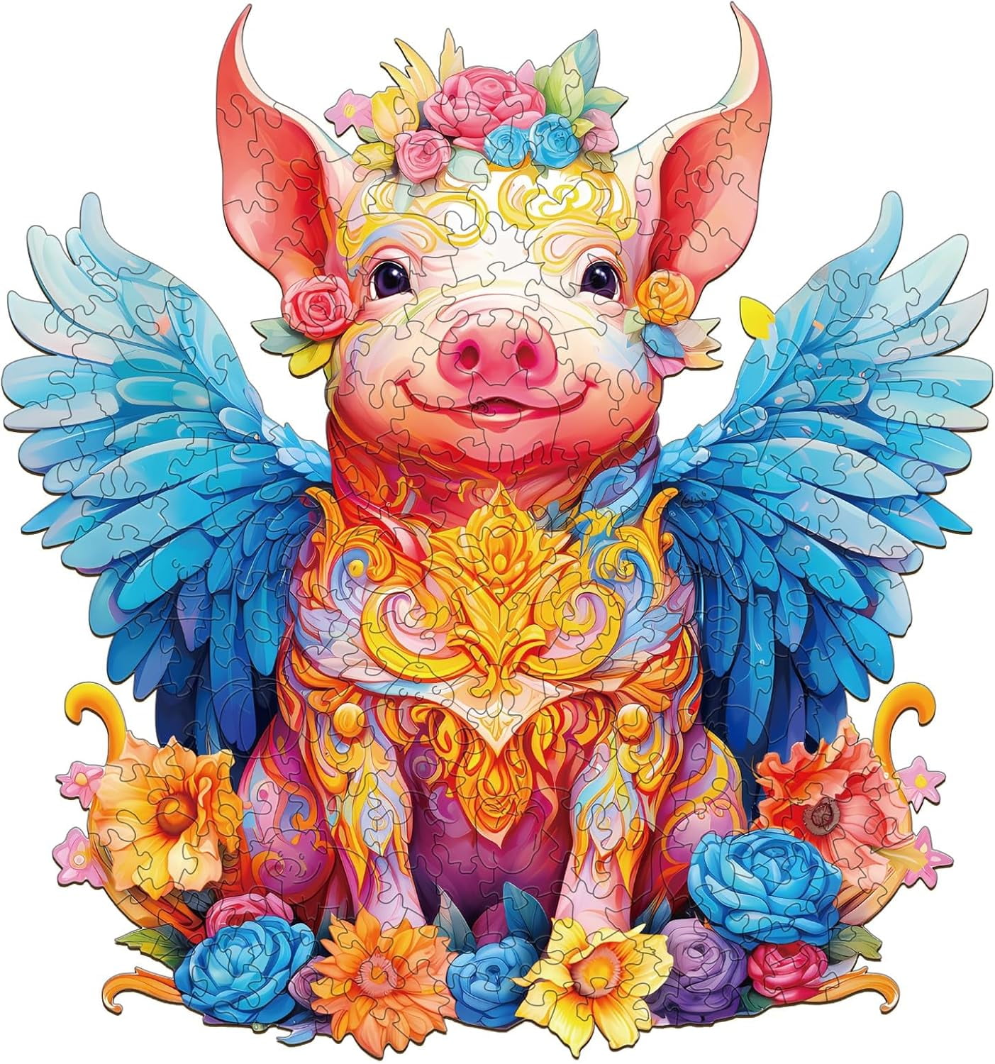 Qiushi Wooden Jigsaw Puzzle for Kids and Adults Angel Pig Unique Animal ...