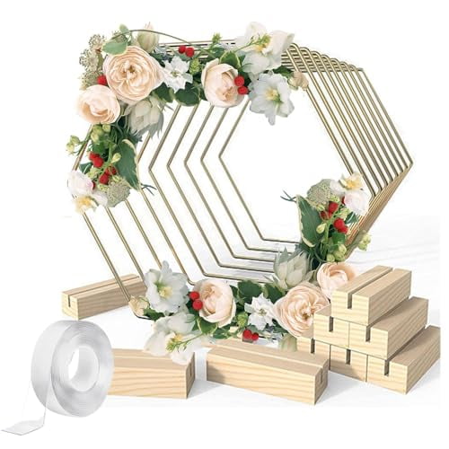 Qivine Metal Floral Hoop Centerpiece with Stand, Hexagonal Gold Ring ...