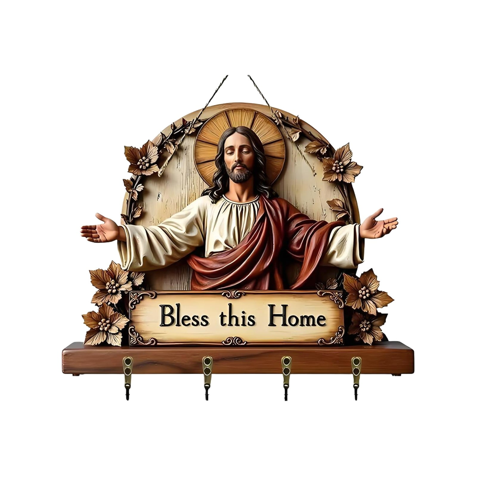 Qiweii Jesus Bless Wooden Key Holder, Faith Themed Wall Mounted Key ...