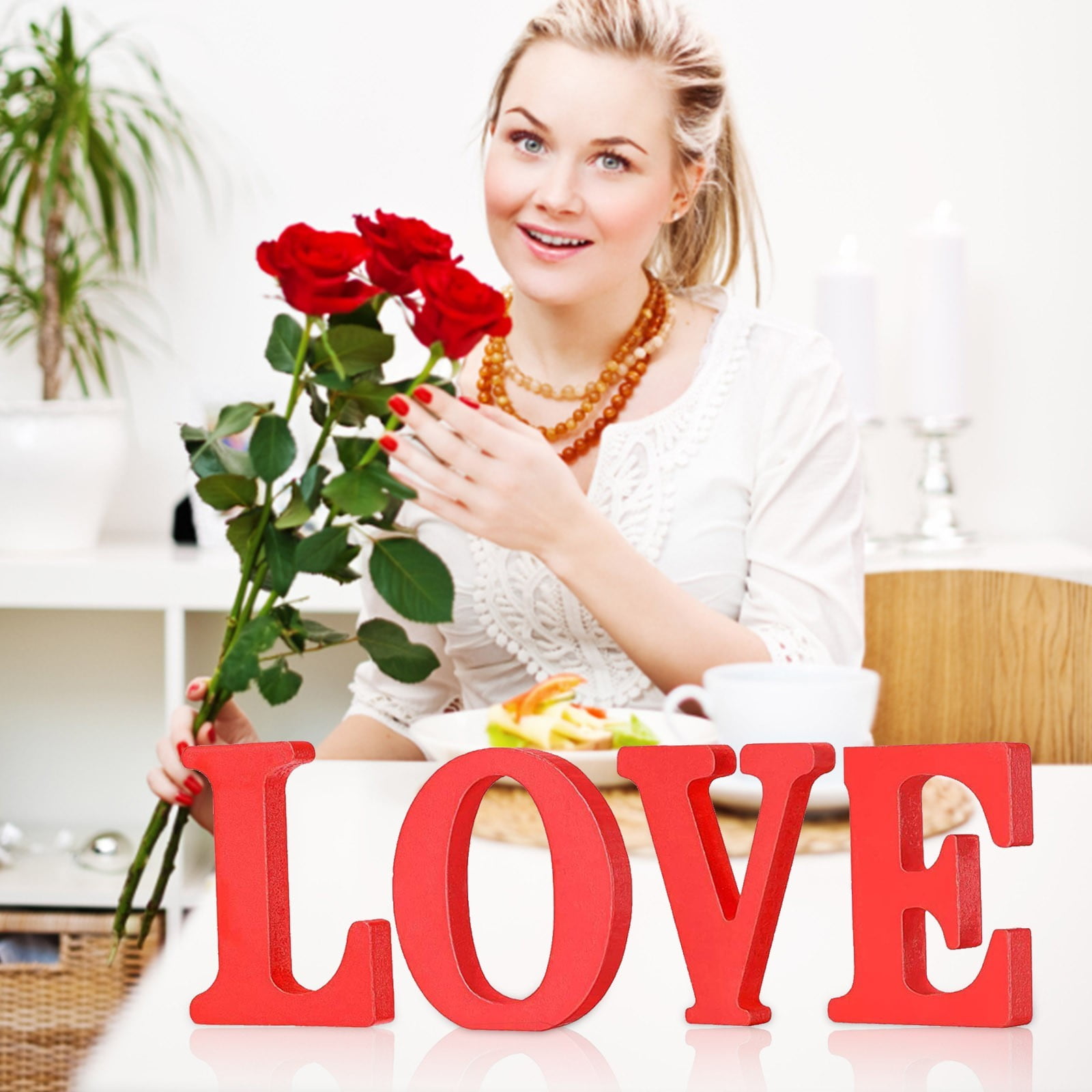 Qixi Desk Trinkets Love Wood Sign Table Decoration Red Freestanding ...