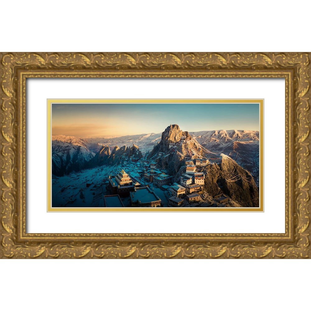 Qiye 18x11 Gold Ornate Wood Framed with Double Matting Museum Art Print Titled - Tibetan Temple ...