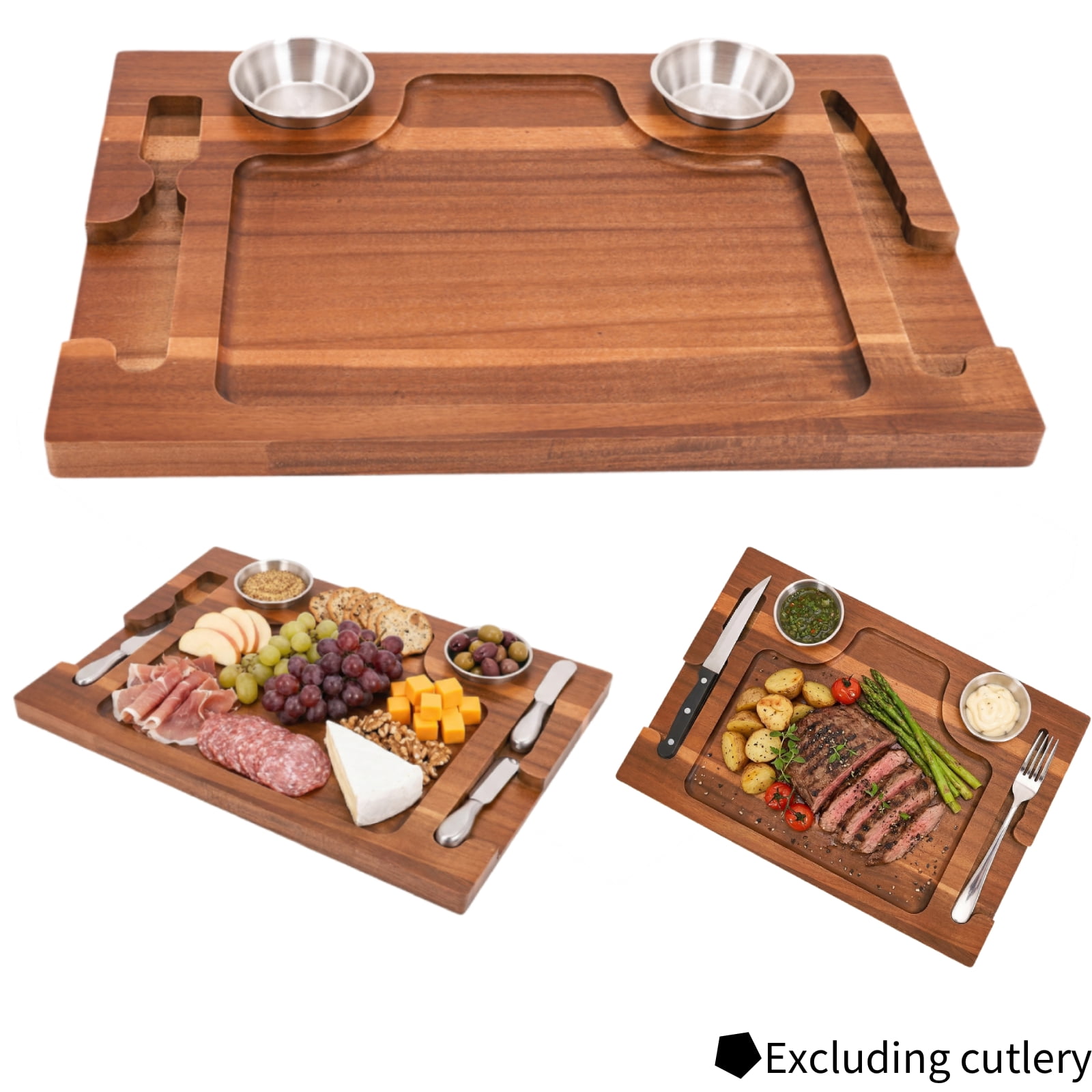Qiyester Acacia Wood Serving Tray 3 Set Steak Plate Charcuterie Cutting ...