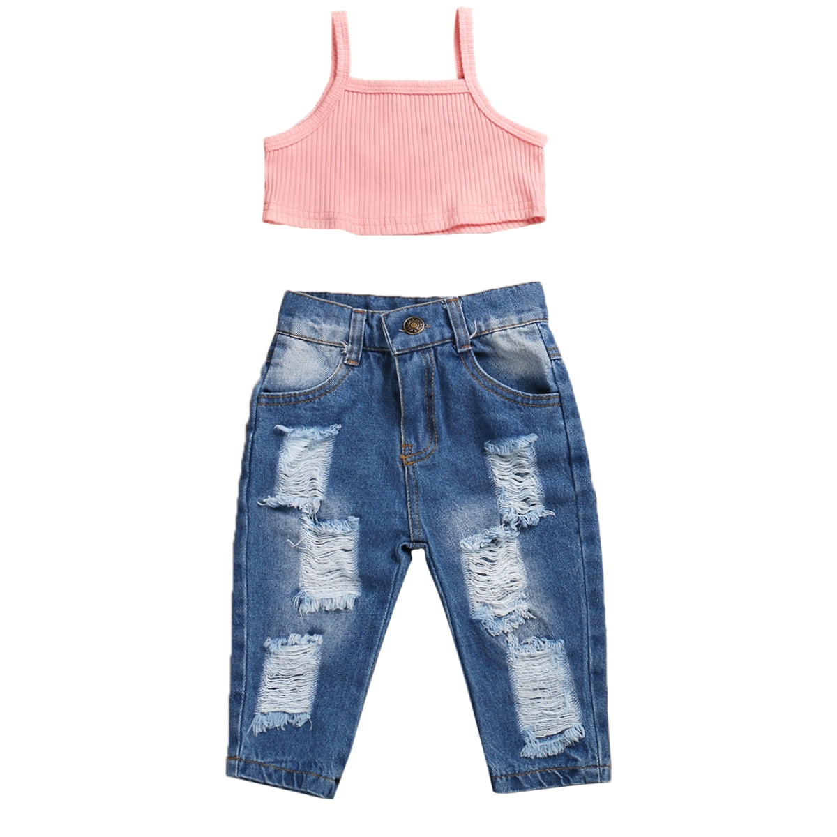 Qiylii Baby Girls Clothes Set Ribbed Knit Cropped Camisole + Ripped ...