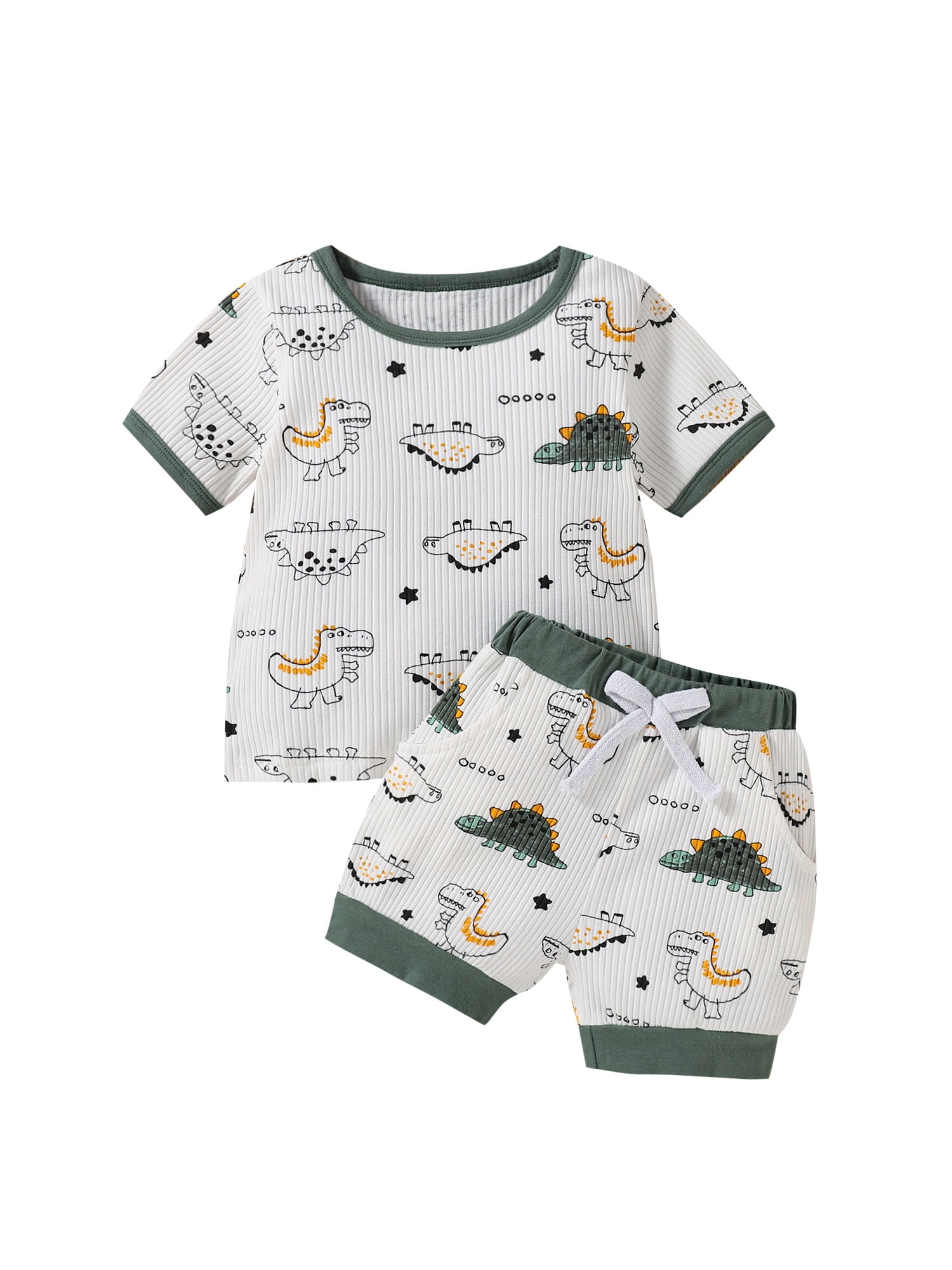 Qiylii Children Dinosaur Clothes Set, Ribbed Short Sleeve T-shirt+Short ...