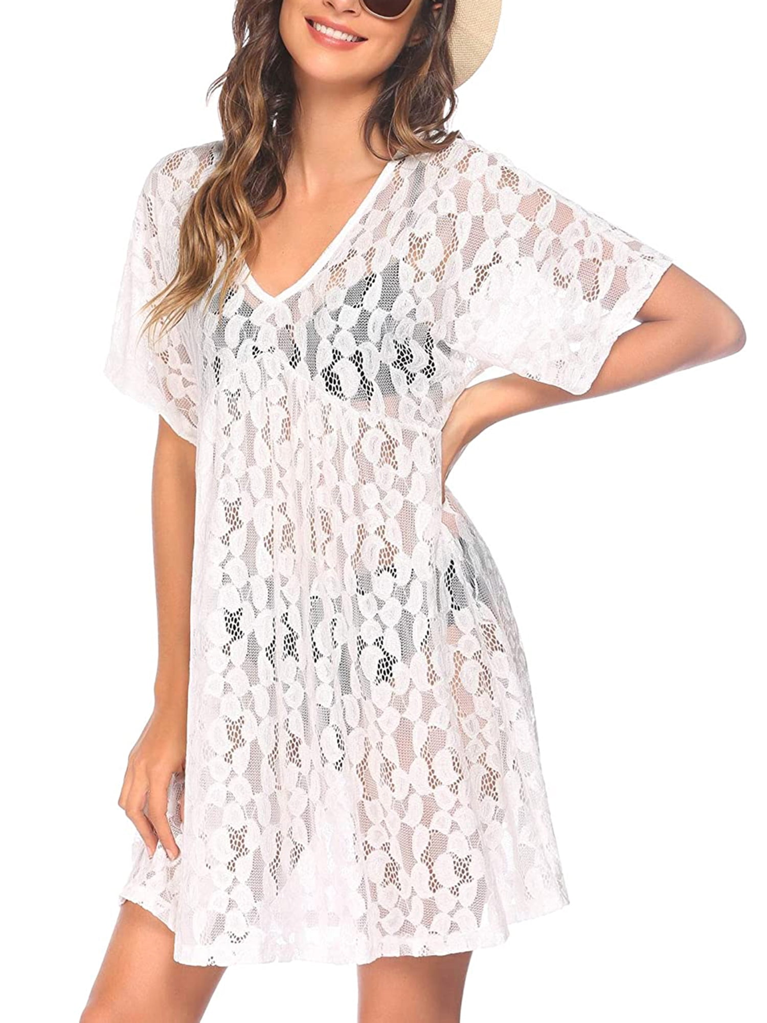 Qiylii Female Beach Dress Cober Ups, Solid Color V-Neck Short Sleeve ...