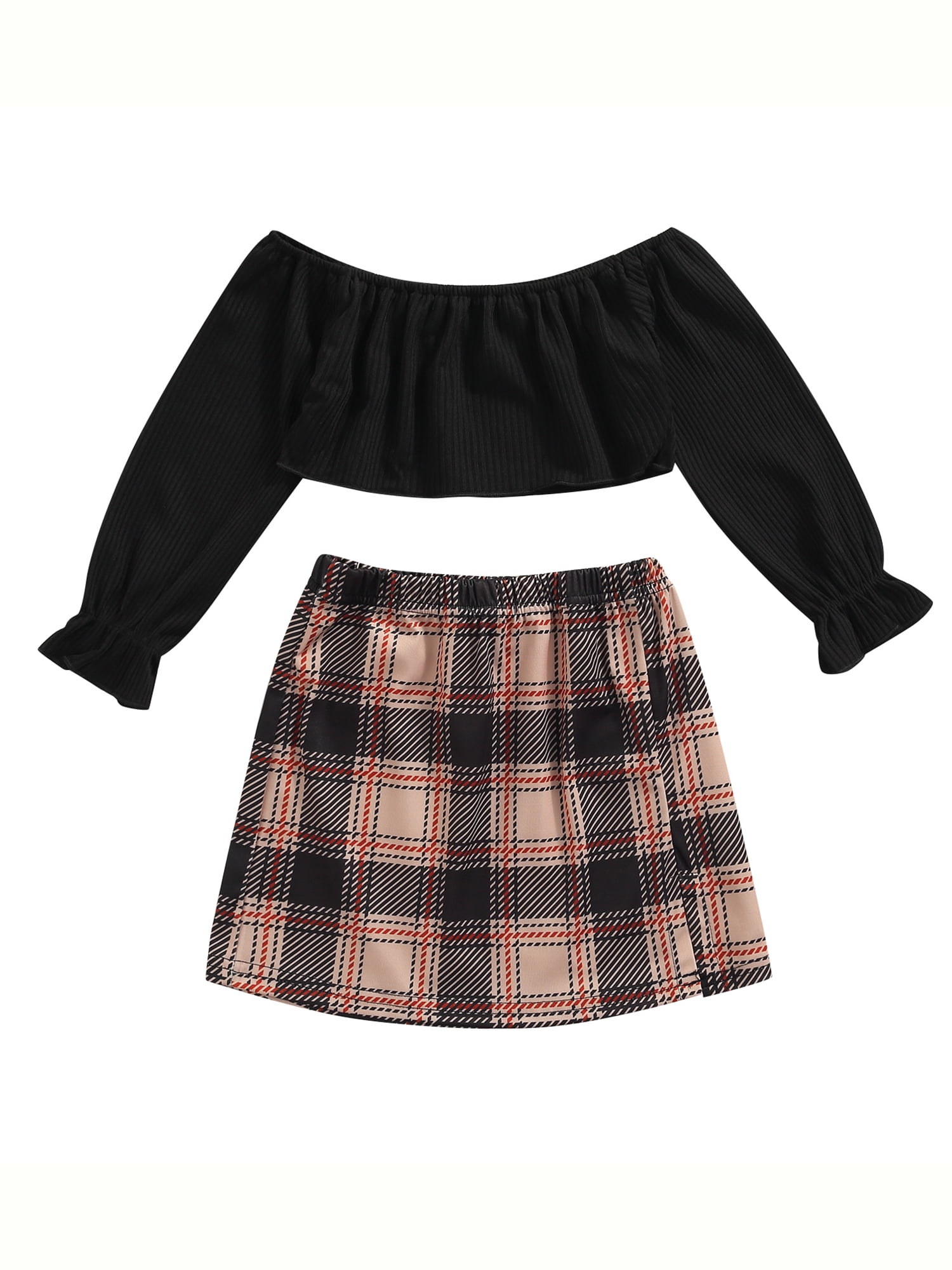 Qiylii Girls Clothes Set Off-shoulder Long Sleeve Crop Tops +Plaid ...