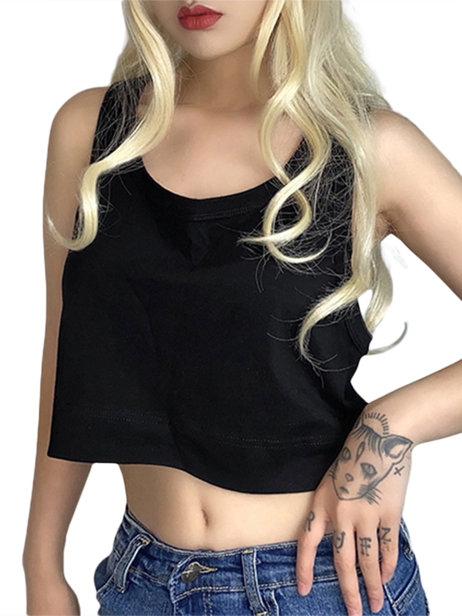 Qiylii Ladies Short Tops Loose Pure Color U-Neck Wide Camisole Vest ...