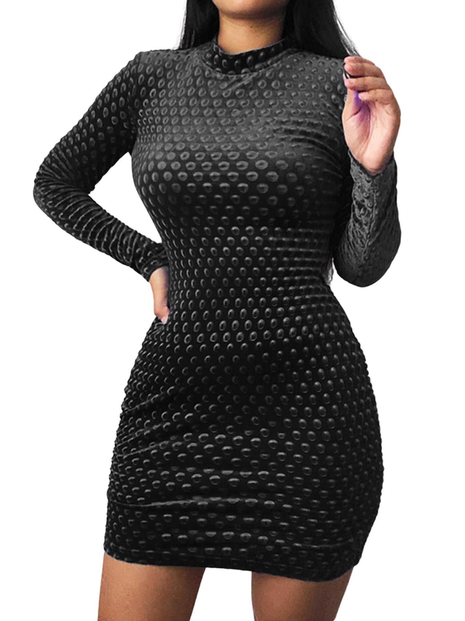 Qiylii Women Bubble Texture Dress Solid Color O-Neck Long Sleeve Skinny ...