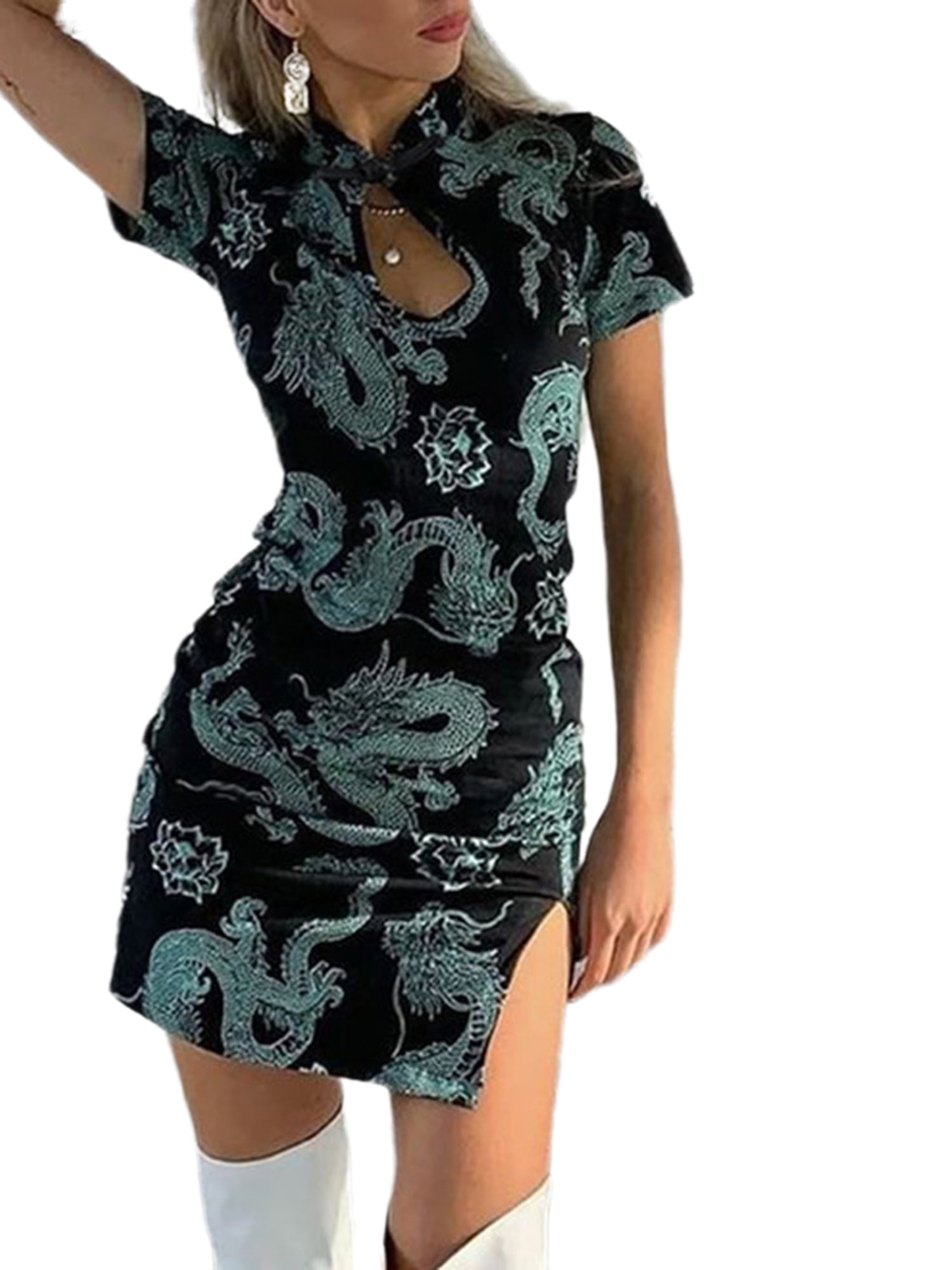 Qiylii Women Cheongsam, Dragon Printed Stand Collar Short Slit Cheong ...