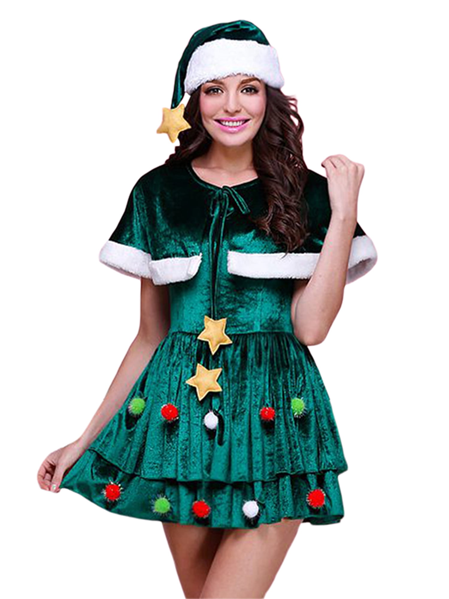 Qiylii Women Christmas Tree Costume Round Neck Shoulder Wrap Velvet ...