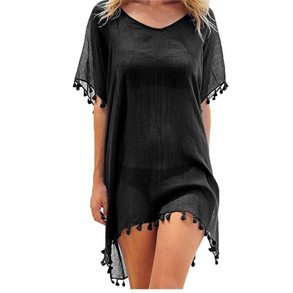 Qiylii Women Ladies Summer Cover Up Dress Tassel Short Sleeve V neck ...
