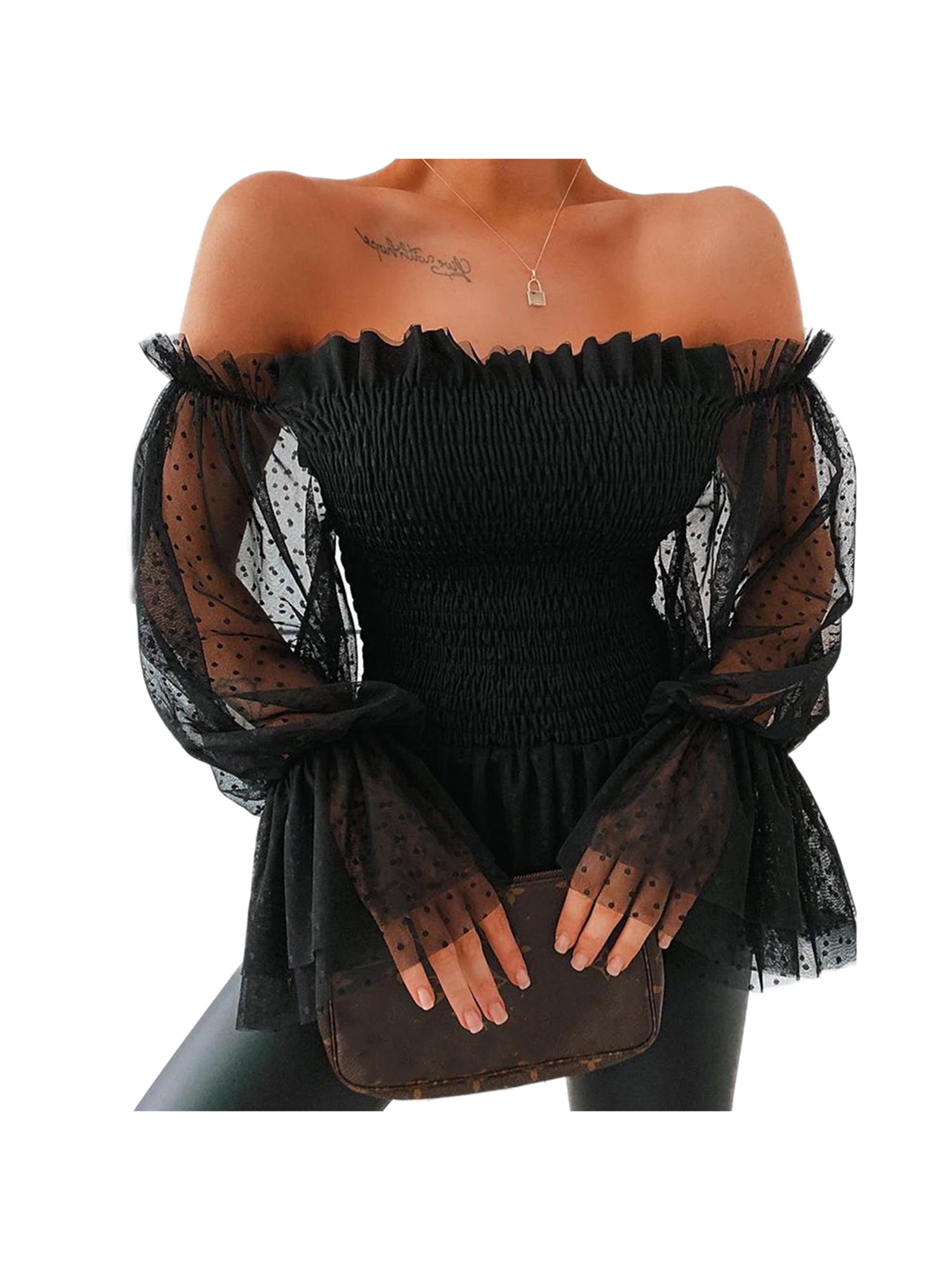 Qiylii Women Off Shoulder Blouse Mesh Sheer Flare Long Sleeve Lace ...
