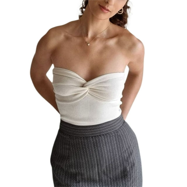 Qiylii Women Sexy Knitted Strapless Tube Top Sleeveless Striped Print