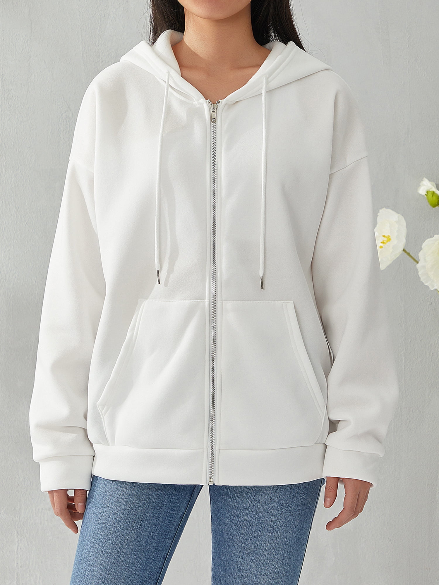 Qiylii Women's Solid Color Hoodies,Long Sleeve Plush Lined Loose Zip Up ...