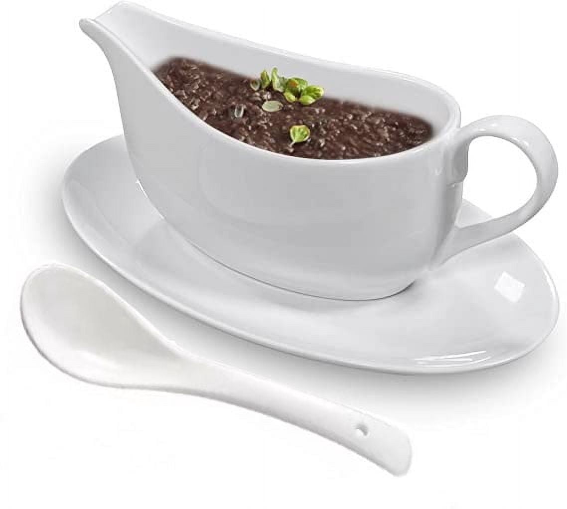 Qlans Gravy Boat, 17 Oz Ceramic Sauce Bowl with Ladle and Saucer, White ...