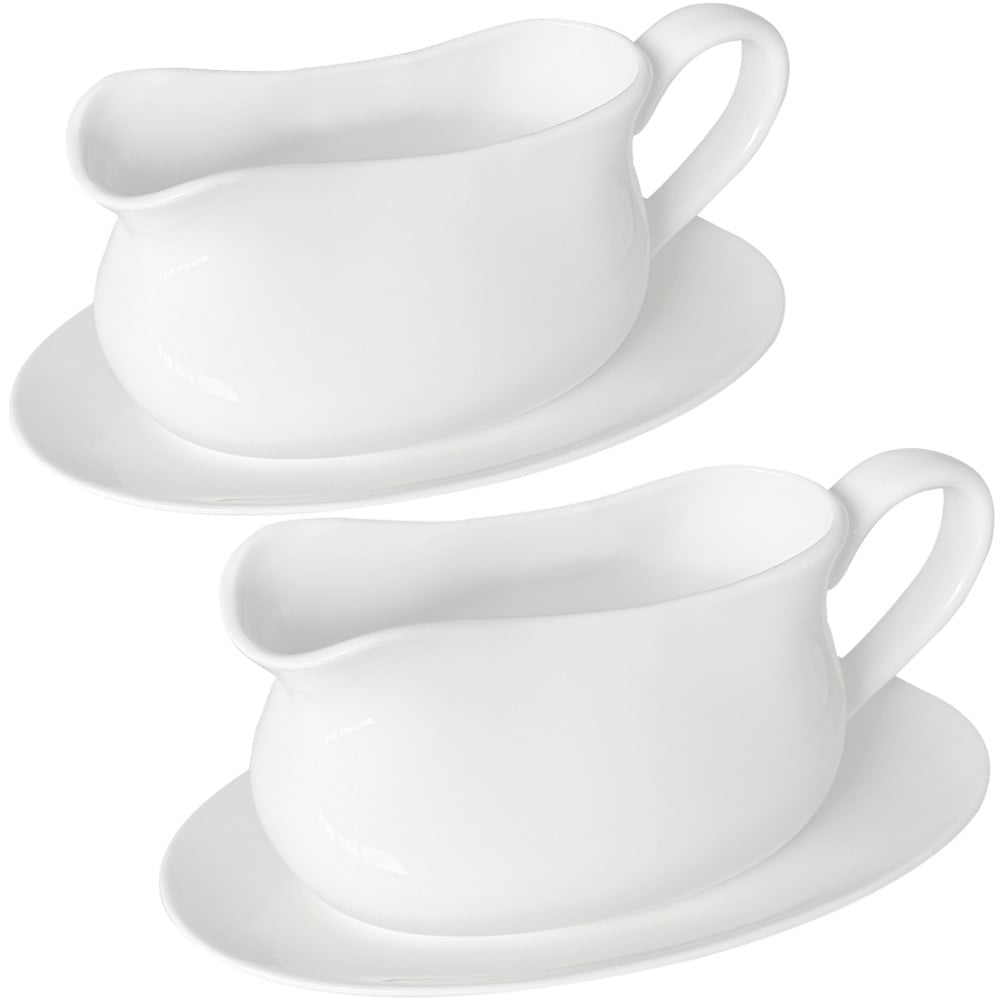 Qlans Large 17 Oz Gravy Boat and Tray White Fine Porcelain Saucier With ...