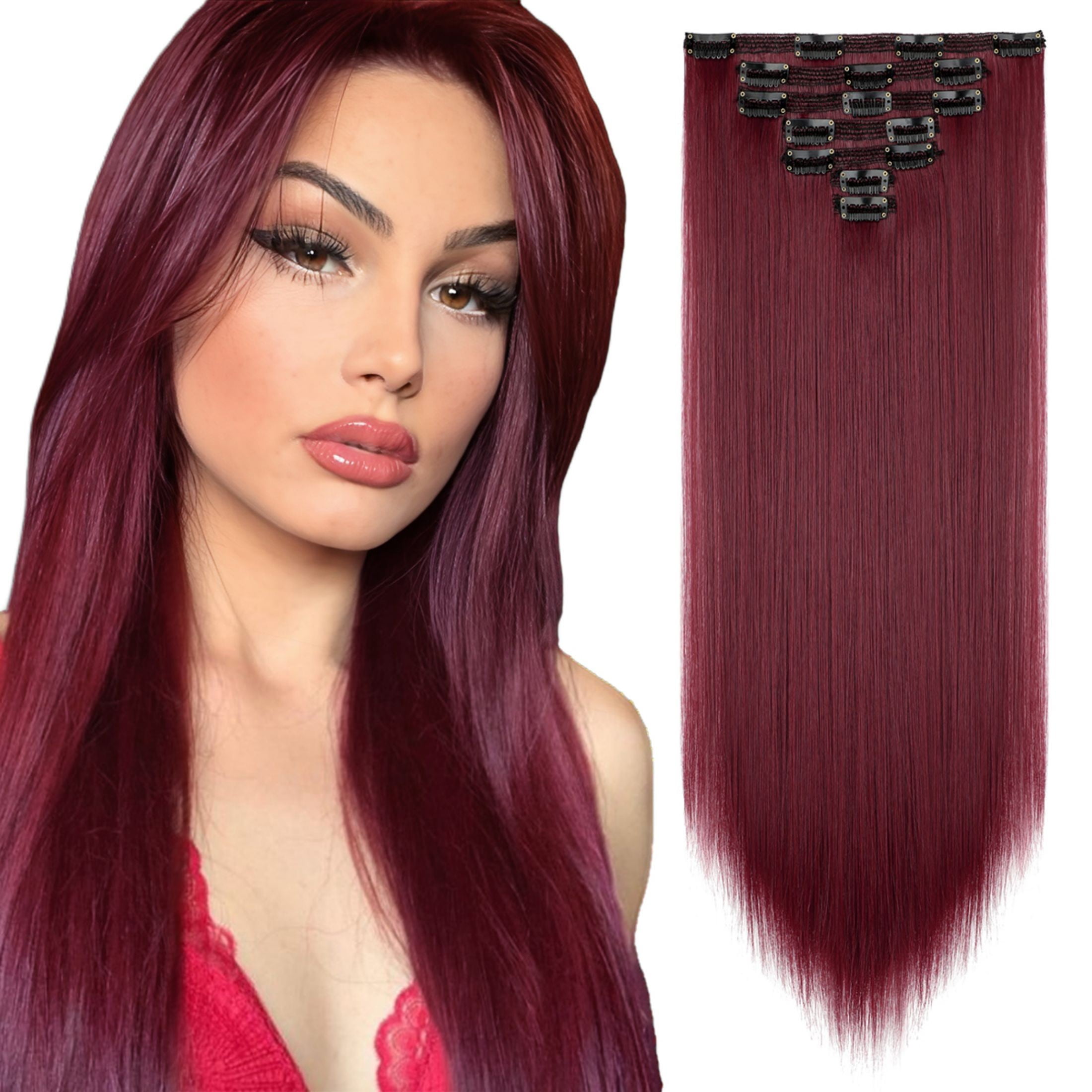 Qlenkay Clip in Hair Extensions Synthetic Hair 7 pcs Double Weft Long ...