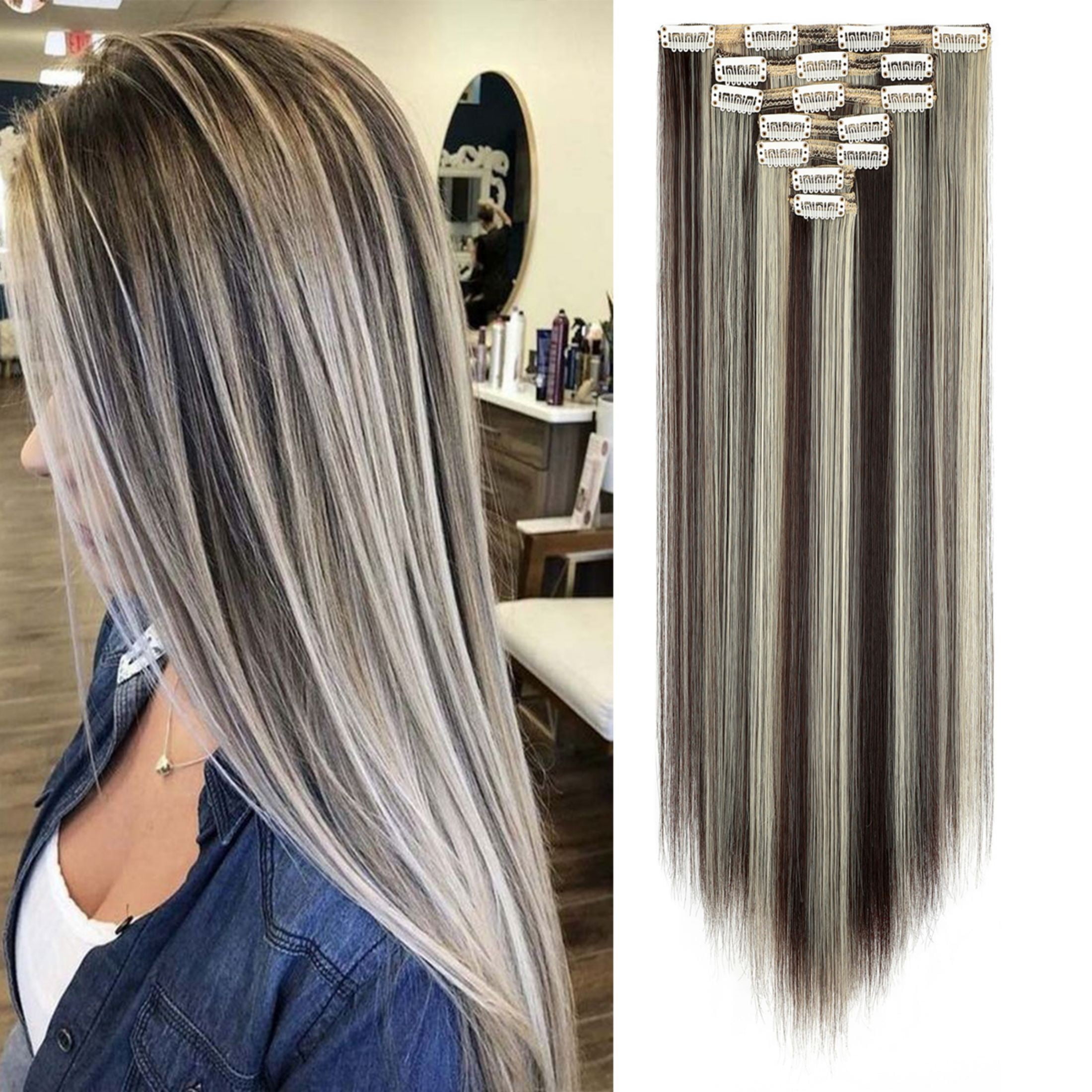 Qlenkay Clip in Hair Extensions Synthetic Hair 7 pcs Double Weft Long ...