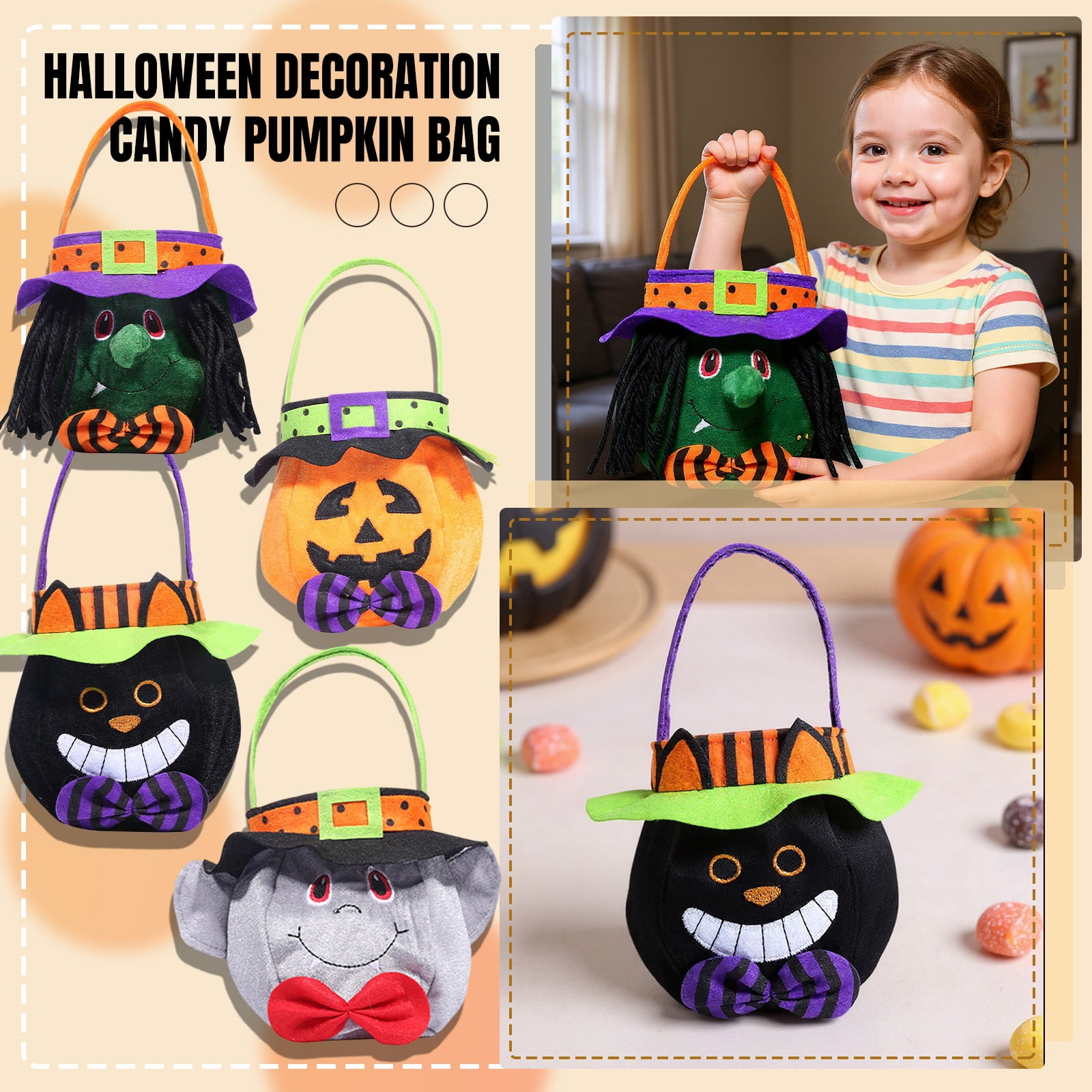 Qmly Halloween Decorations Halloween Pumpkin Trick or Treat Bag for Kids Felt Jack-o'-Lantern ...
