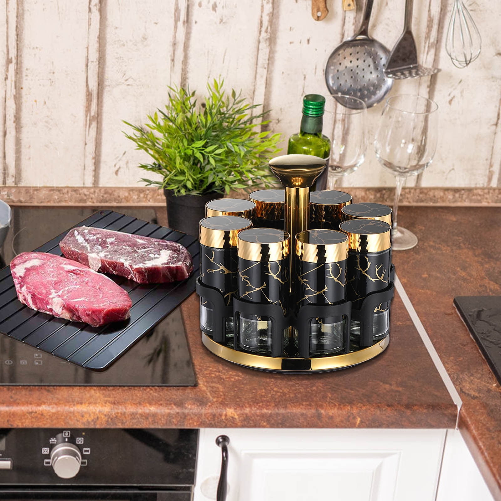 Qnjujn 360° Spice Storage Carousel - Glass Seasoning Dispenser with ...