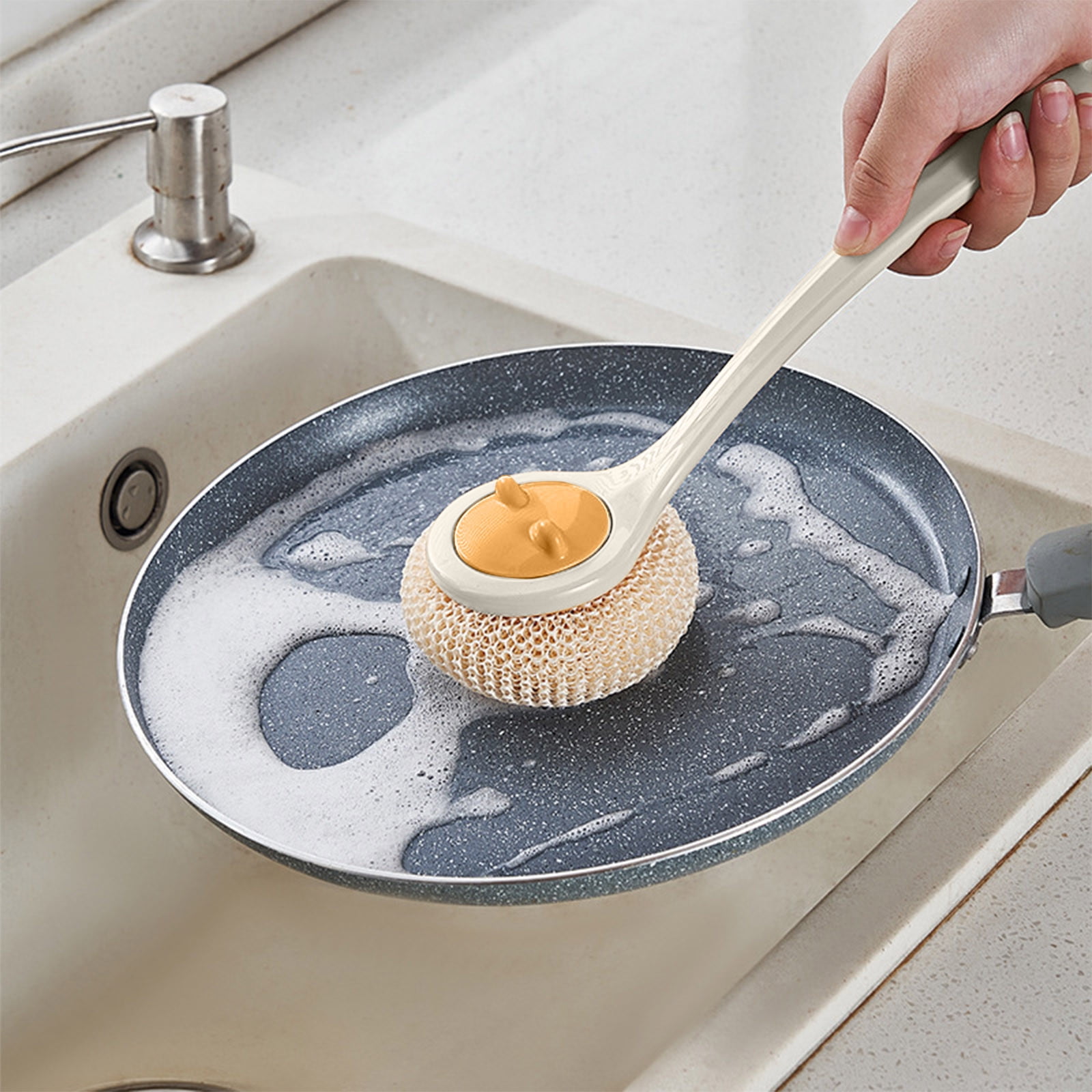 Qnjujn Long Handle Pot Brush for Dishwashing and Scrubbing, Natural Fiber Bristles for Non Stick ...