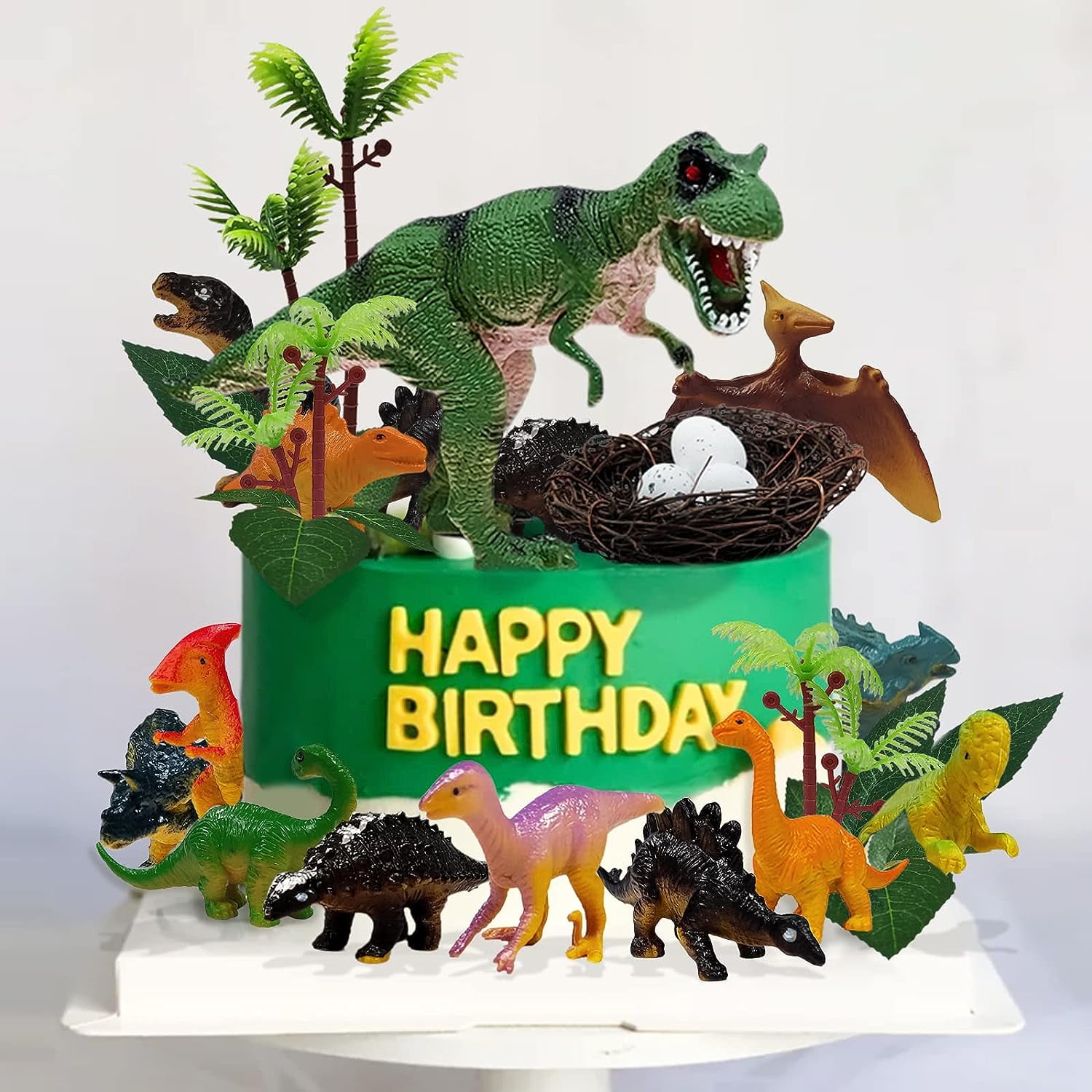 Qoadwem 23 PCS Dinosaur Cake Toppers With Dinosaur Eggs Leaves Trees ...