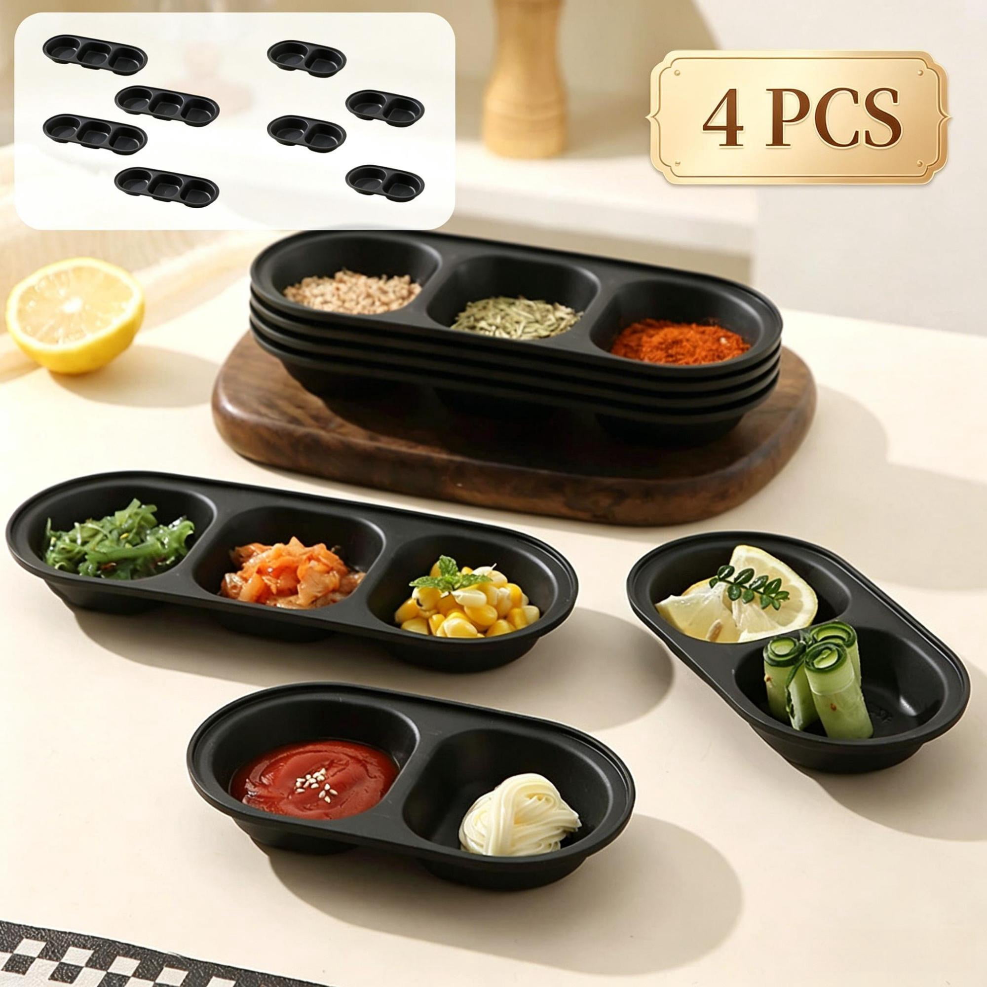 Qocolcyl 4 PCS Multi-Grid Seasoning Dish Set, Black Plastic Dipping ...